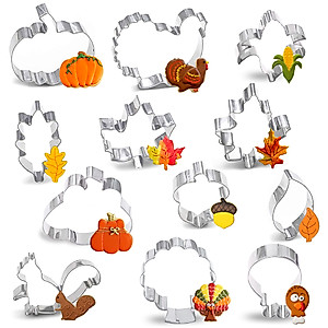 12PCS Large Fall Thanksgiving Cookie Cutter Set - Turkey,Pumpkin,Maple/Oak/Teardrop Leaf,Squirrel, Acorn,Corn,and Turkey Leg