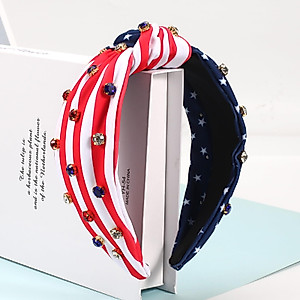 Budsmile American Flag Headbands for Women Girls Independence Day 4th of July Red White Blue Patriotic Headband USA Knotted Wide Rhinestone Hair Accessories Hair Hoops