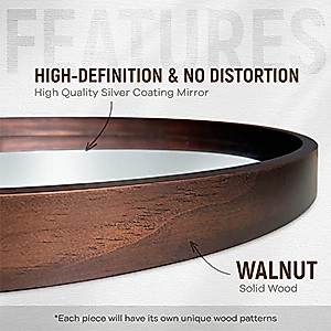 EMI HOME Round Wood Mirror, 30 Inch Diameter Circle Mirror Wood Frame with Two Picture Frames 5x7, Wood Frame Vanity Mirror, Round Wooden Mirror Decor Foyer Living Room, Walnut Woodgrain Finish