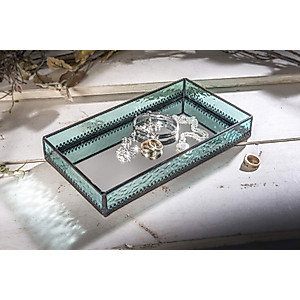 Turquoise Blue Glass Tray Mirrored Bottom Decorative Bathroom Vanity Cosmetic Makeup Organizer Jewelry Display Perfume Holder Dresser Home Décor Candle Tray Gift for Woman J Devlin Tra 126