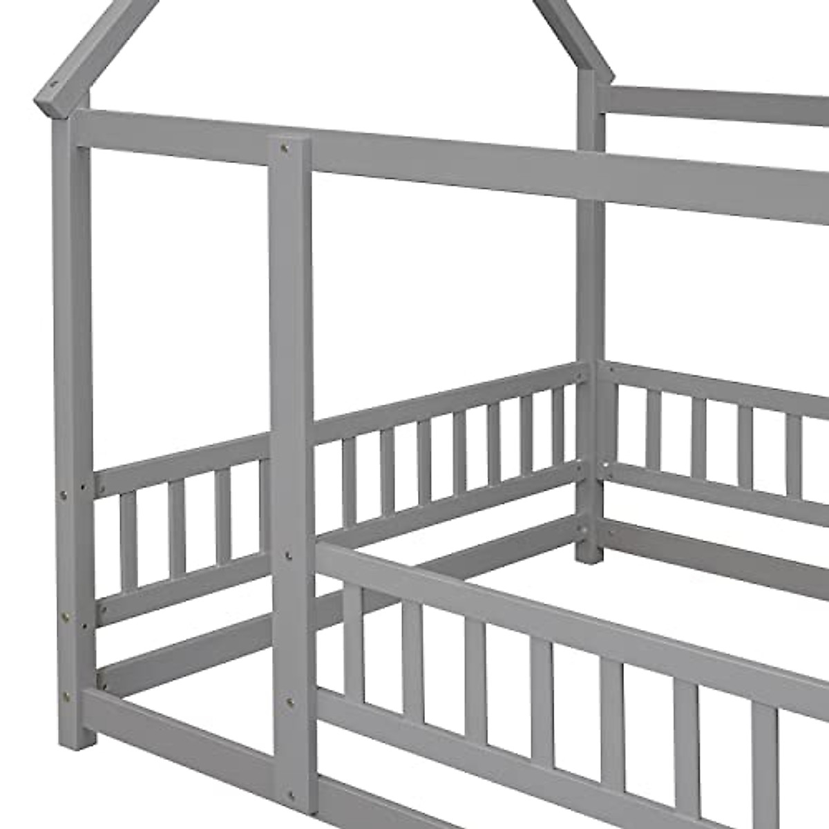 DEYOBED Full House Roof Floor Bed Frame - Wooden Bed with Fence Guardrails, Low Wooden Playhouse Bed for Girls and Boys, Gray Finish
