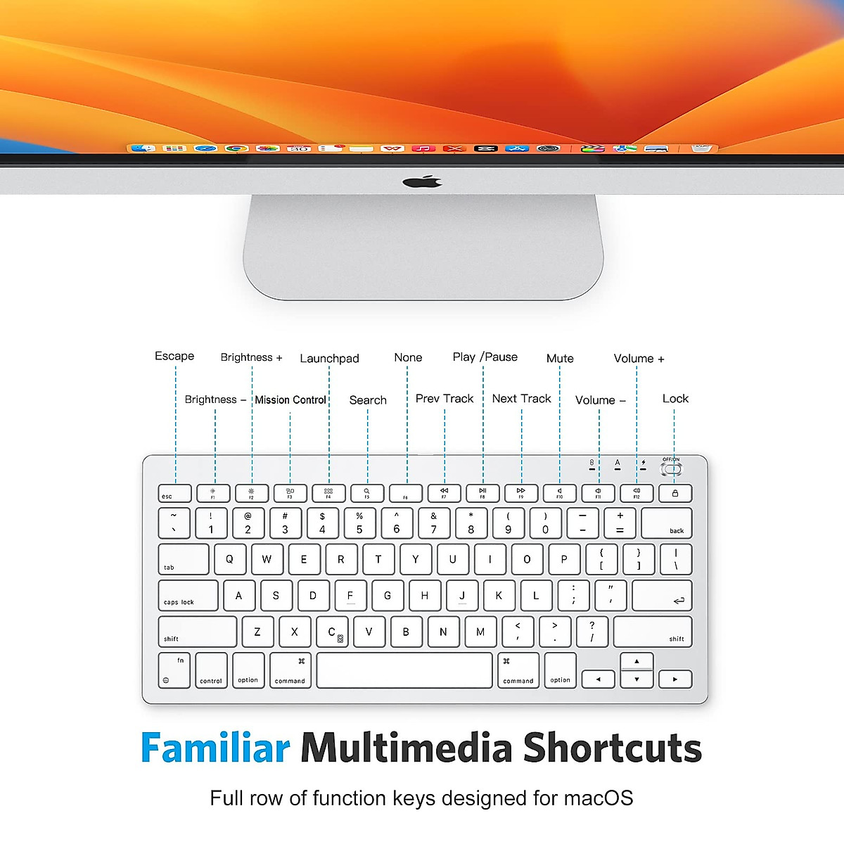 Emetok for Mac Keyboard [Aluminum Base, Rechargeable], Ultra Slim Bluetooth 5.1 Keyboard with [Upgraded Scissor Keys] Customized for MacBook Air/Pro, iMac, iMac Pro, Mac Mini/Pro, Silver