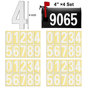 Reflective Mailbox Number for Outside, 4 Inch 4 Sets Vinyl Waterproof White Mailbox Numbers Stickers, Strong Self-adhesive House Adress Numbers for Mailbox Door Signs Trucks (Number 0-9)
