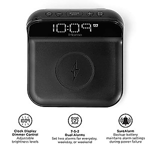 iHome Alarm Clock with Wireless Charging, iPhone Charger and Samsung Charger with USB Charger for Apple and Android Devices