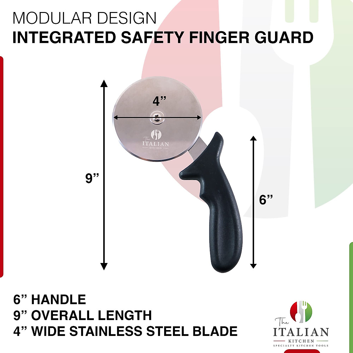 The Italian Kitchen Pizza Cutter Wheel - Restaurant Grade Stainless Steel 4 Inch Blade Pizza Slicer With Finger Guard