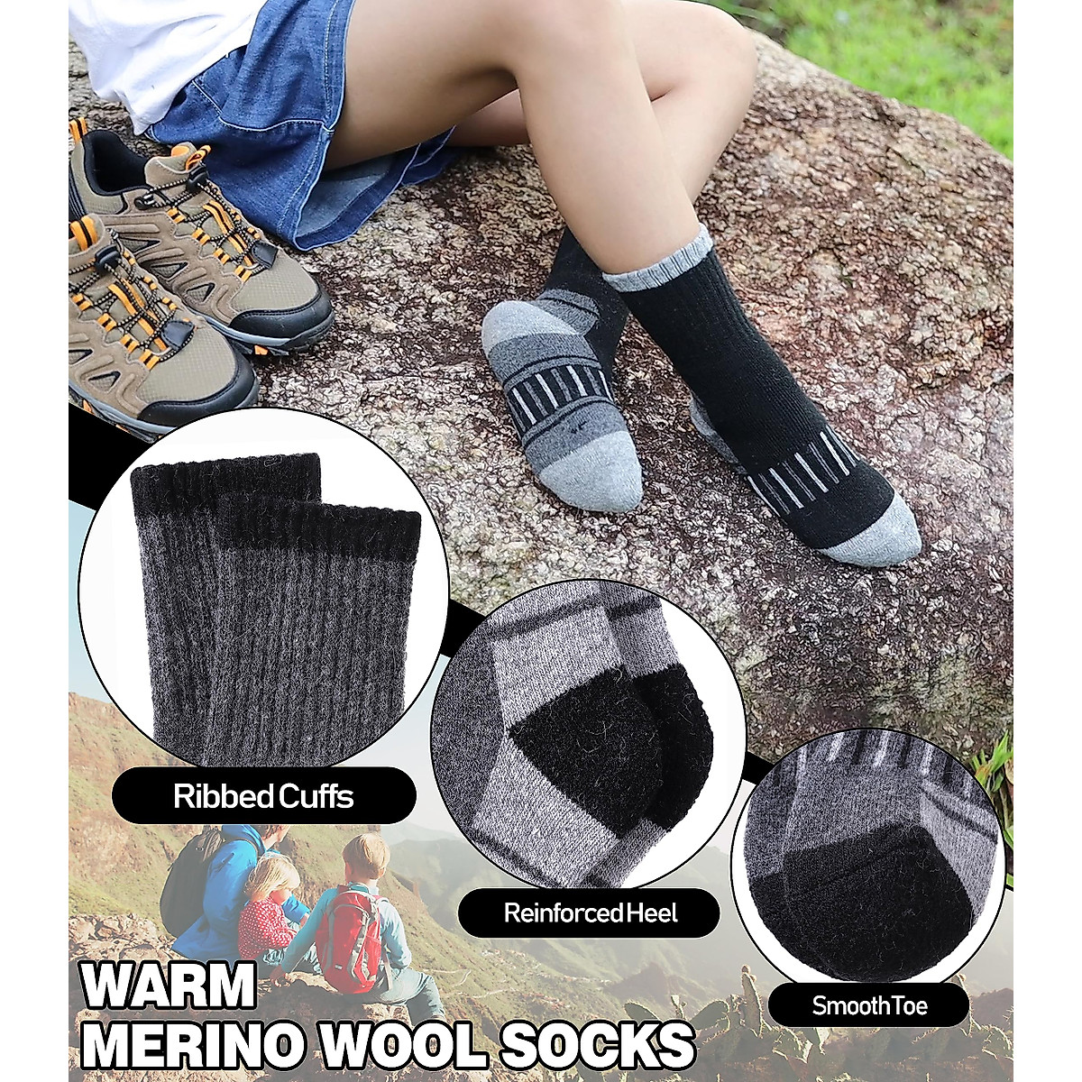 LINEMIN Kids Merino Wool Hiking Socks Toddlers Boys Girls Winter Warm Thick Thermal Boot Cushion Crew Socks 6 Pairs (8-12 Years, Mix Color Hiking Socks)