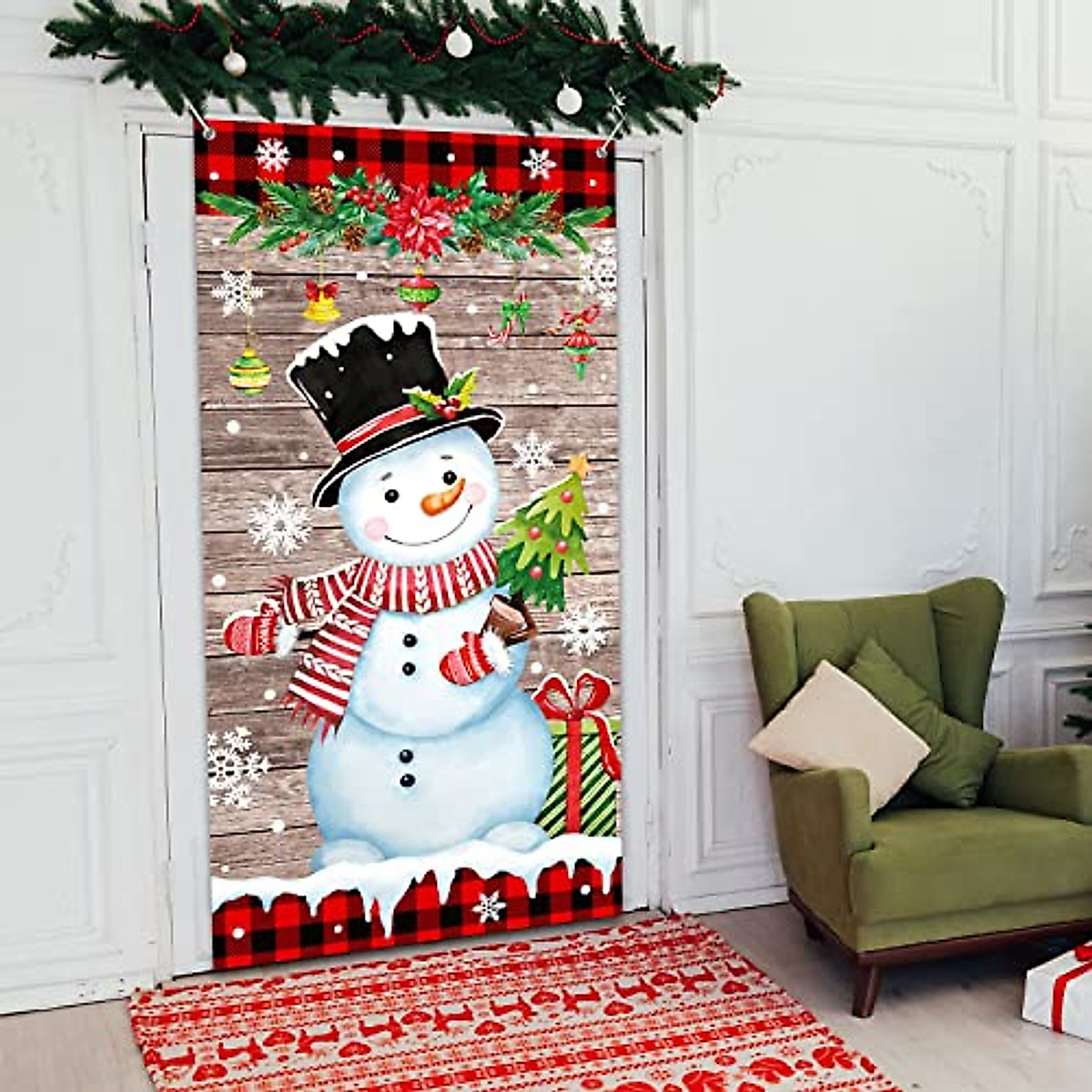 Tiamon Christmas Snowman Door Covers Decoration Xmas Wood Grain Snowman Winter Snowflake Backdrop Snowman Door Banner for Front Door Farmhouse Christmas Holiday Party Decor Supplies, 6 x 3 Feet