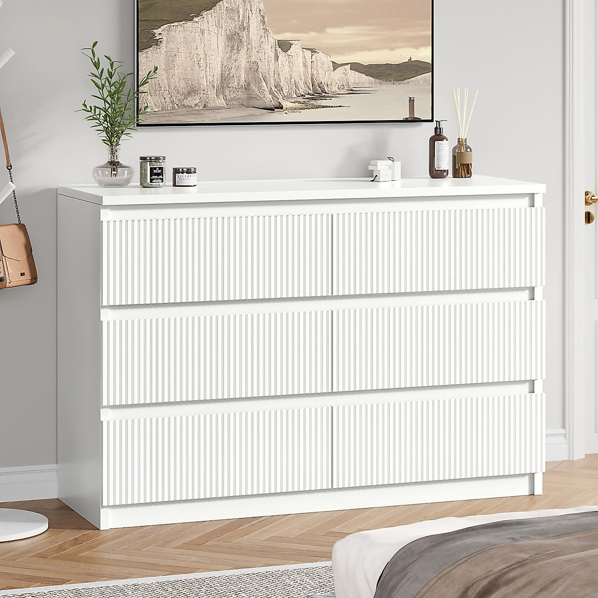 Jocoevol White Dresser 6 Drawer Dresser for Bedroom, Modern Fluted Dresser with Deep Drawers, Large Double Wooden Dresser Chest of Drawers for Living Room, Hallway, Entryway (White)
