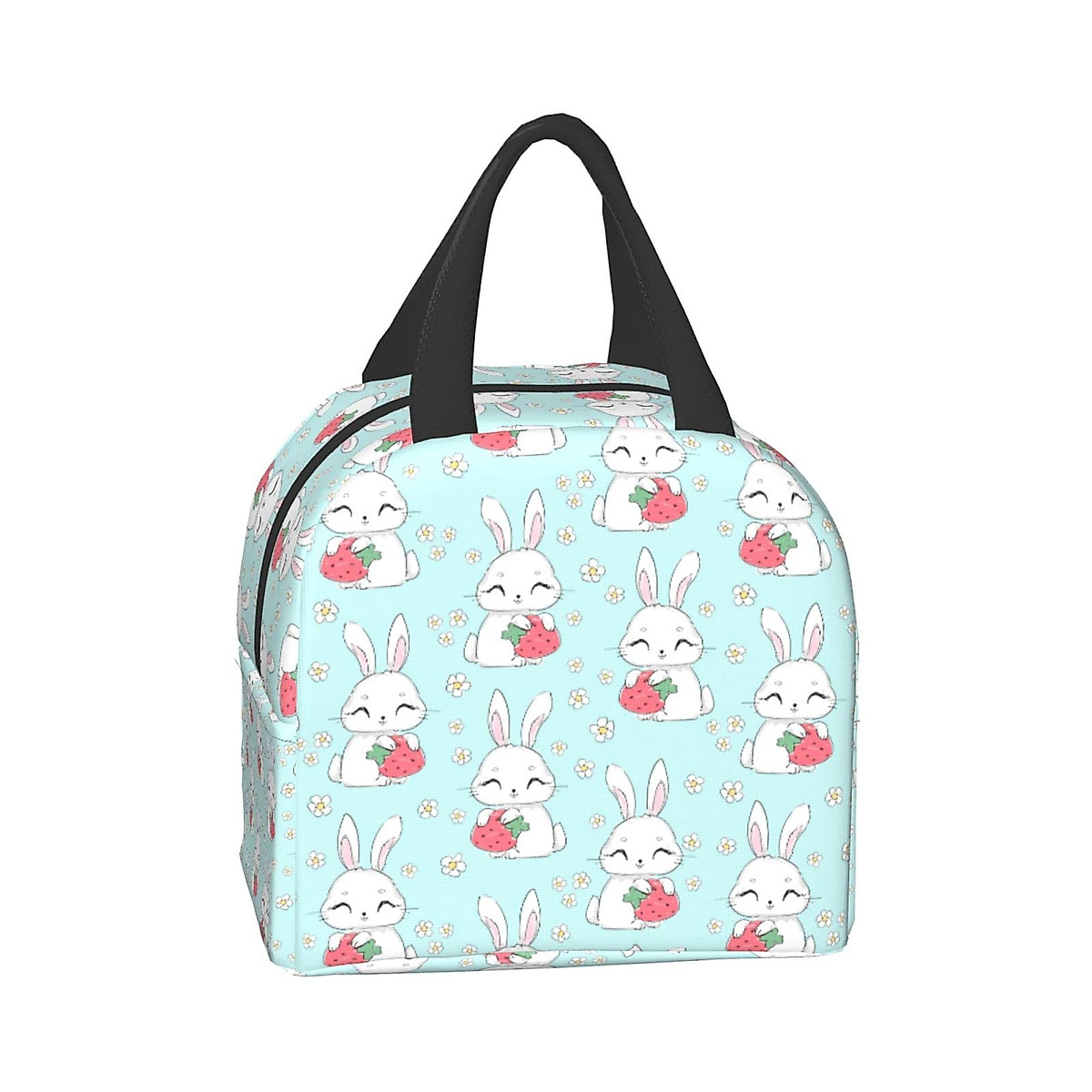 Ucsaxue Cute Bunny With Strawberry And Flowers Lunch Box Reusable Lunch Bag Work Bento Cooler Reusable Tote Picnic Boxes Insulated Container Shopping Bags For Adult Women Men