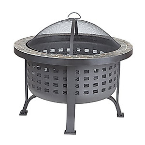 Fire Sense 62240 Fire Pit Alpina Slate Top Wood Burning Lightweight Portable Outdoor Firepit Backyard Fireplace for Camping Bonfire Included Screen Lift Tool & Cooking Grate - Round - 24"