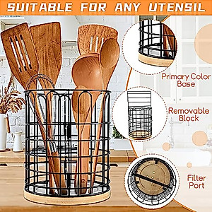 DeaLott Kitchen Utensil Holder for Countertop, 7.28'' Large Cooking Utensils Holder with Bamboo Base, Black Metal Wire Utensil Holder for Countertop, Kitchen Countertop Utensil Organizer