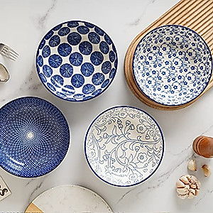 Selamica Ceramic 30 Ounce Large Pasta Bowls 8 inch Serving Bowls Wide and Shallow Microwave Dishwasher Safe Bowls Set of 4, Vintage Blue