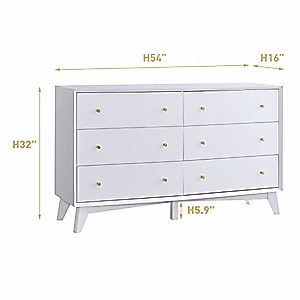 T4TREAM 6 Drawer Dresser for Bedroom, Mid-Centry Modern Dresser Wide 6 Chest of Drawers,Wood Storage Organizer Dresser,Nursery Dresser,for Living Room, Hallway, Bedroom, Kids Bedroom, Solid White
