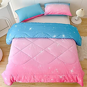 Rainbow Pink Glitter Stars Kids Comforter Set for Girls Queen Size Bedding Set 3 Piece Bed in A Bag Lightweight Quit Blue Gradient Sparkle Mermaid Galaxy Duvet Set for Kids Boys with 2 Pillowcases