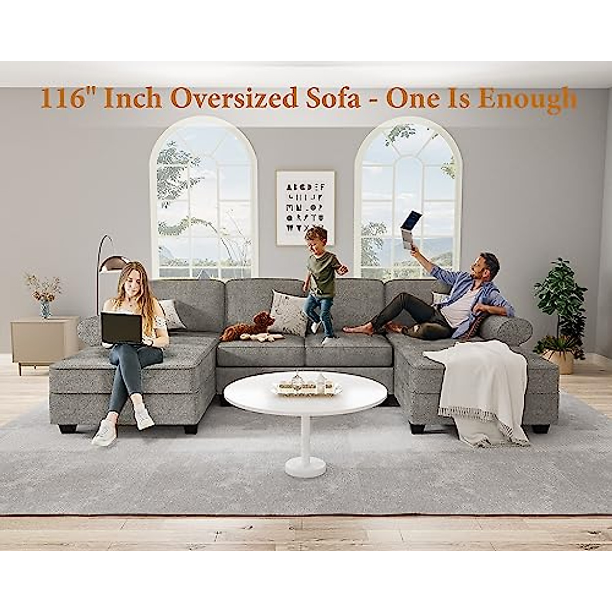 Ucloveria Sofas & Couches, Modern U-Shaped Sectional Sofa with Sleeper Sofa Bed and Double Storage Spaces, 3 Pillows Included, Reversible Chaise for Living Room Furniture Sets, Gray