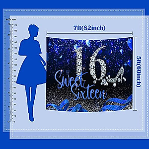 Mocsicka Sweet 16 Birthday Backdrop for Girls Blue and Silver Swwet Sixteen Decoration Happy 16th Birthday Banner Glitter Diamonds Background 16 Birthday Party Supplies (7x5ft (82x60 inch))