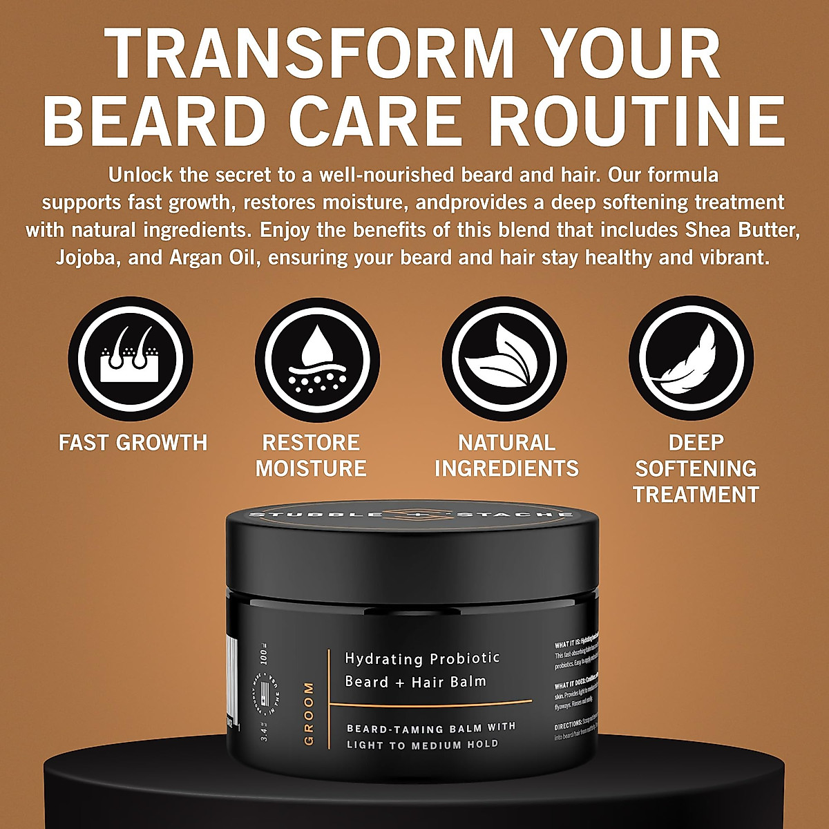 stubble & stache Mens Beard & Hair Balm with Shea Butter, Jojoba & Argan Oil Leave-in Conditioner - Wax for Mustache - Fragrance Free - 3.4 fl oz