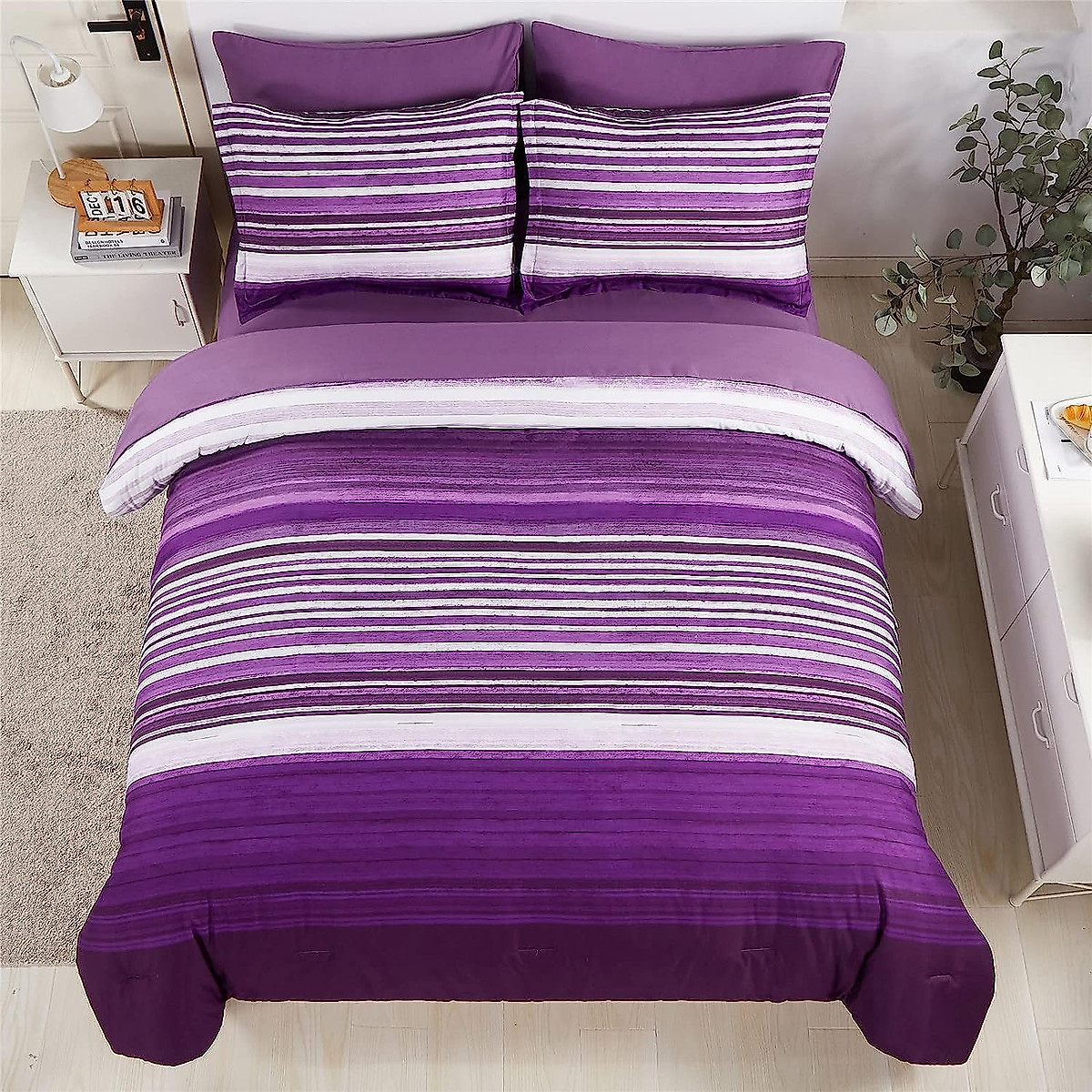 KAKIJUMN 5 Piece Bed in a Bag Stripe Comforter Set Twin Size, White and Purple Patchwork Striped Comforter and Sheet Set, All Season Soft Microfiber Complete Bedding Sets(Purple,Twin)