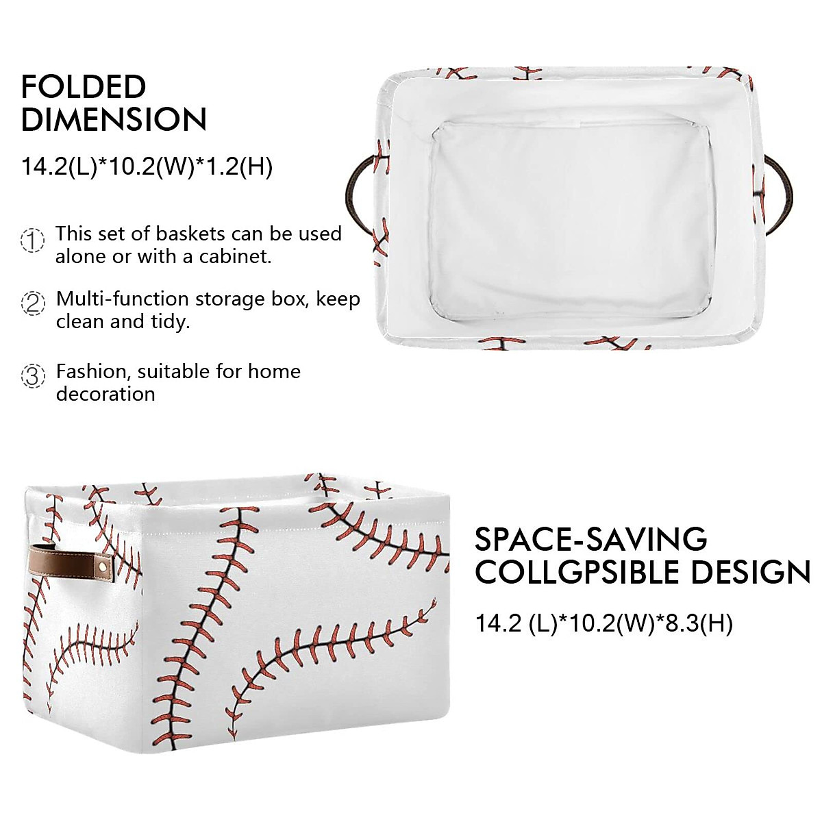 Baseball Stitches Storage Basket Bin Sport Softball Large Fabric Toys Storage Cube Box Set of 2 with Handles Collapsible Closet Shelf Cloth Organizer Basket for Nursery Bedroom Bathroom Playroom