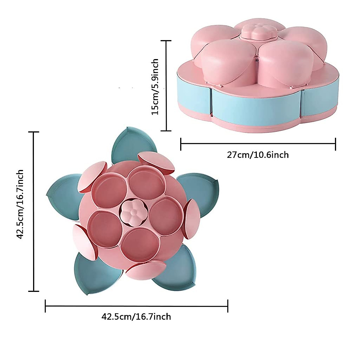 Ygapuzi Double Deck Snack Box Flower Shaped Rotating Candy Serving Containers, 10 Grid Creative Snacks Storage Tray for Dried Fruit, Nuts, Chips, Olives (New Pink)