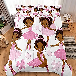 SIRDO Twin Bedding Sets for Girls, African American Magic Comforter Set with Ballet Dancer, Pink Bed Set for Toddler Kids Teens, Little Girls Bedroom Decor