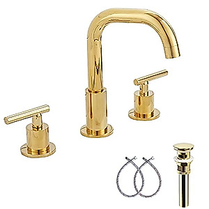 GGStudy 360° Swivel Spout Two Handles 3 Holes 8-16 inch Widespread Bathroom Sink Faucet Gold Finish Matching with Pop Up Drain
