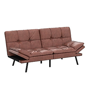 Maxspeed Sofa Bed Couch, Memory Foam Futon Sofa Bed with Mattress and Frame Included,Comfortable Brown Faxu Leather Loveseat Sleeper Sofa for Dorm Apartment Office College Small Space Bedroom