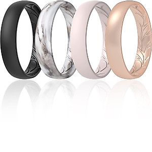 ThunderFit Women Silicone Wedding Rings, Breathable Leaf Cross Pattern Engagement Bands 4mm Wide 1.5mm Thick - 1/4 Variety Multipack (Pack E - Size 5.5-6 (16.5mm))