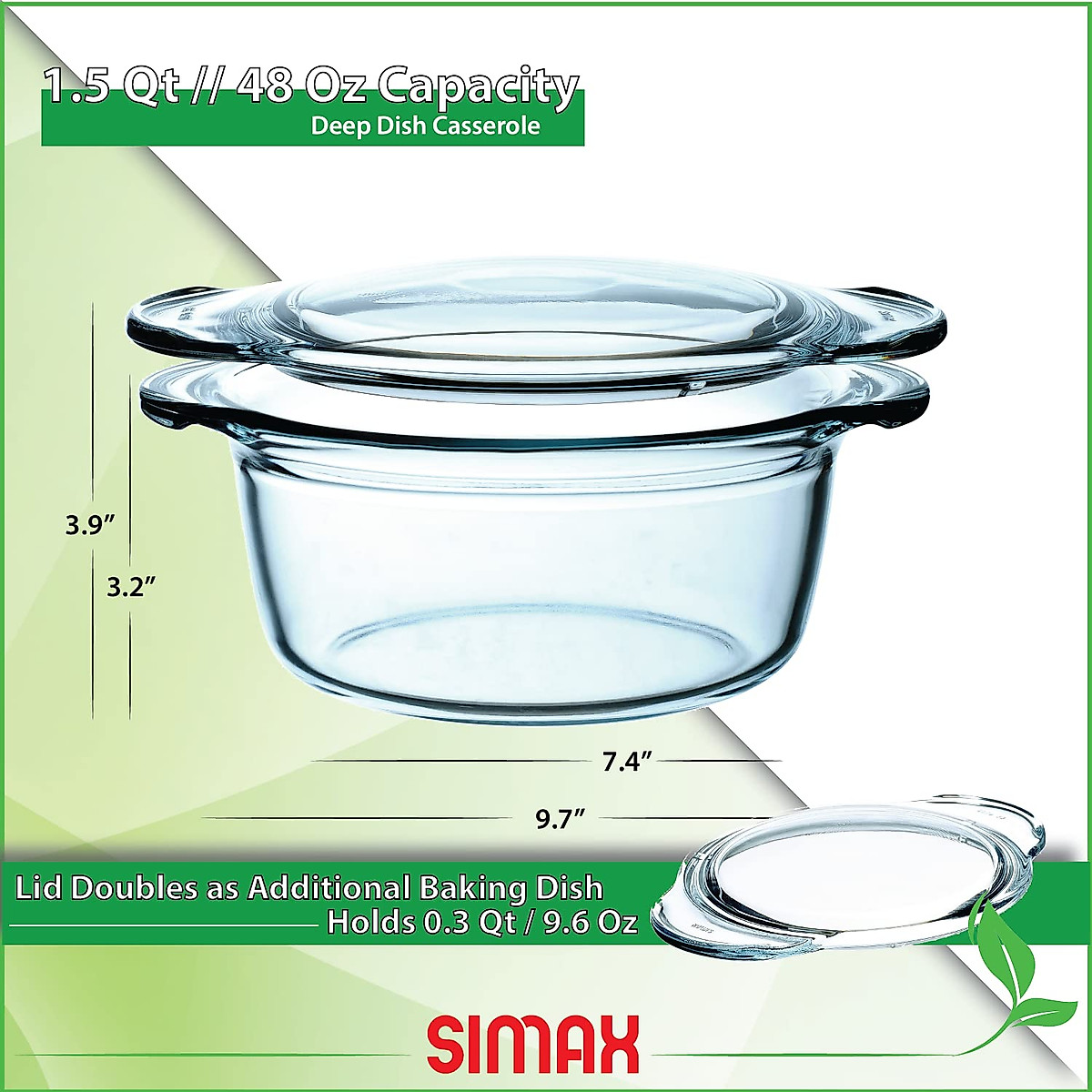 Simax Casserole Dish with Lid, Glass Casserole Dish, Holds 48 Oz (1.5 Quarts), Oven to Table Serving Dish, Microwave, Dishwasher, and Oven Safe Cookware