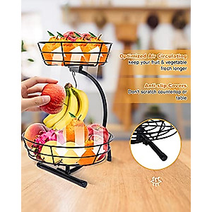 covsus 2 Tier Countertop Fruit Basket Bowl with Banana Hanger for Kitchen Counter, Wire Fruit Stand Holder for Fruits Vegetable Storage, Black