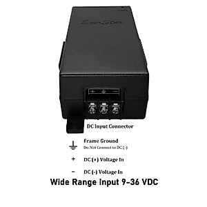 EverStar iPoE-35W56GDW-at Gigabit | 9-36V DC in | 56V 0.625A/35W DC PoE+ Out | DC-DC covertor + 802.3at PoE+ Mode A&B Injector for ePMP2000/3000, Force400/425, Q61, PoE Lighting | Black