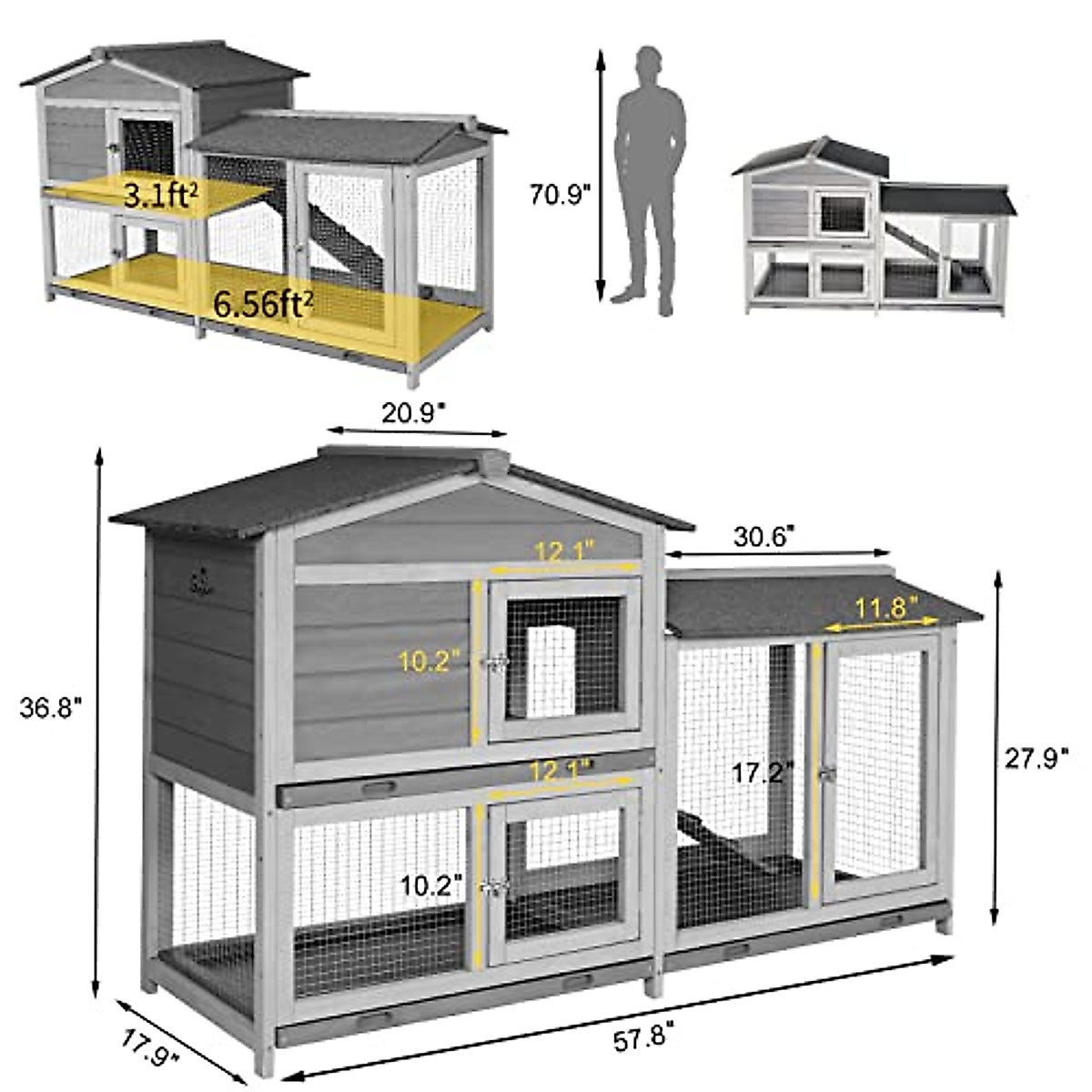 GEGURI Rabbit Hutch Indoor Rabbit Cage Outdoor, Chicken Coop Bunny Cage with Pull Out Tray, Waterproof Roof, Ramp (57.8" L x 17.9" W x 27.9" H, Grey)