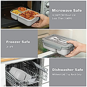 Caperci Premium Bento Box Adult Lunch Box for Older Kids - Leakproof 44 oz 3-Compartment Lunch Containers for Adults and Teens, Ergonomic Design, Built-in Utensil Set & BPA Free (Grey)