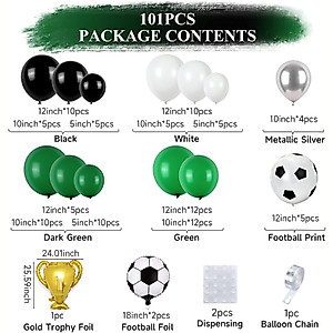 Soccer Balloon Arch Kit Boys, Green Balloon Arch Kit with Football Trophy Balloons Dark Green Black White Latex Balloons Metallic Silver Balloons for Baby Shower Birthday Soccer Party Decorations