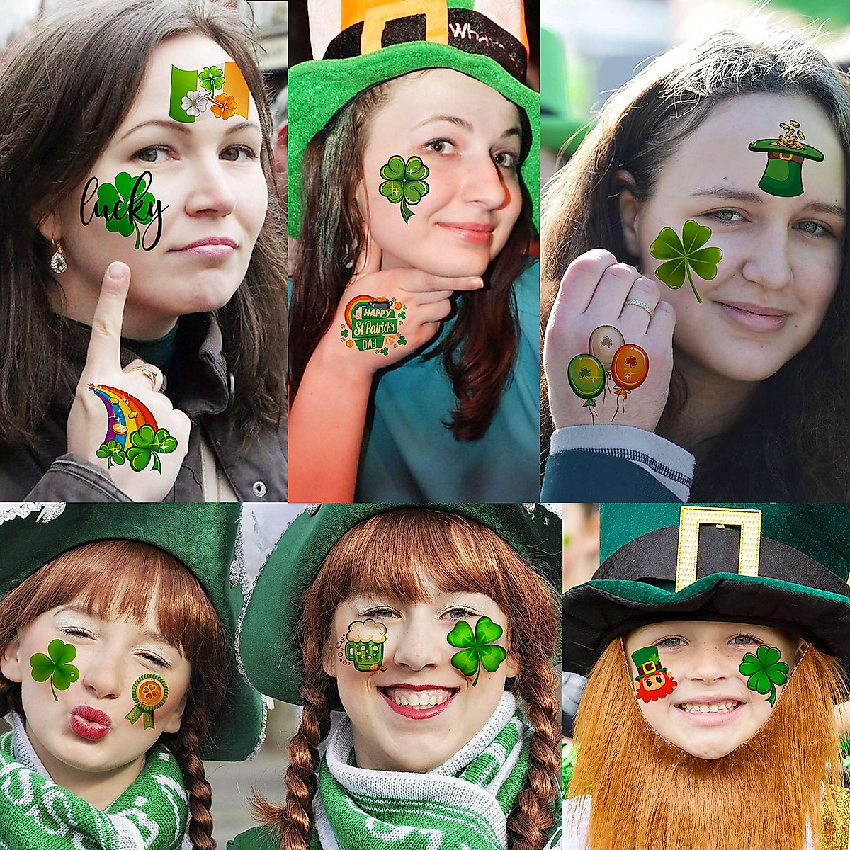 EGMBGM 49 PCS St. Patrick's Day Tattoos Stickers For Kids Women Men, 3D Green Shamrock Temporary Tattoos St Patricks Day Irish Party Favor, Saint Patricks Day Accessories Lucky Clover Tattoos Adults