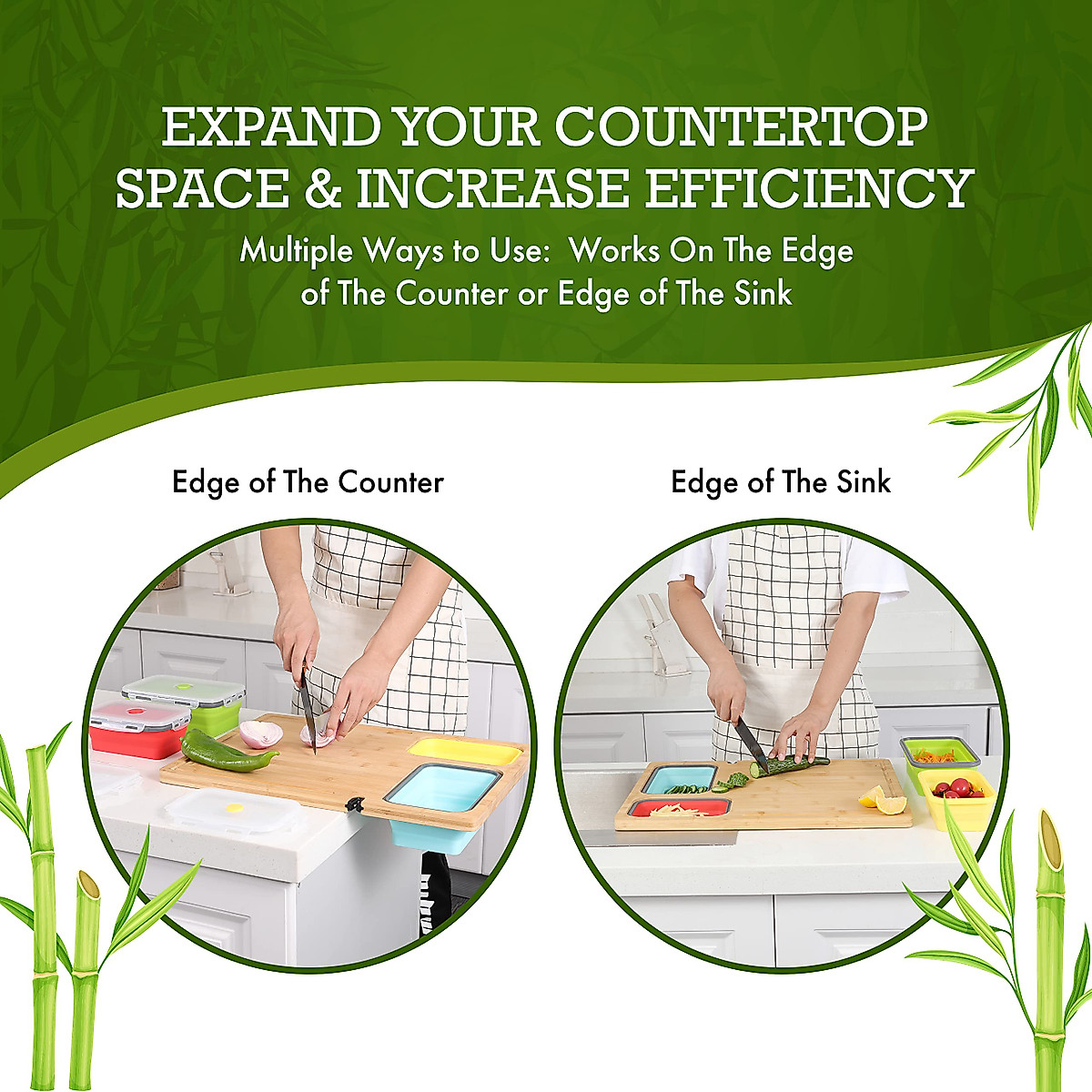 Slim Over Sink Cutting Board for Kitchen with 4 Color-Coded Collapsible Containers- Meal Prepdeck Station with Containers and Built-in Knife Sharpener (Original Containers)