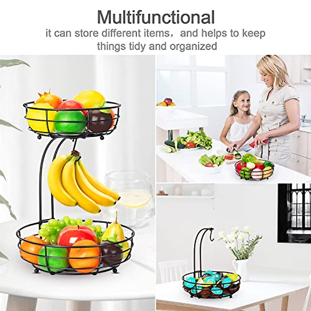 Kufutee 2-Tier Countertop Fruit Basket Bowl With Banana Hanger, Black 64 ounces