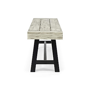 GDFStudio Outdoor Acacia Wood Bench, Sandblast Light Gray Wash and Black Metal
