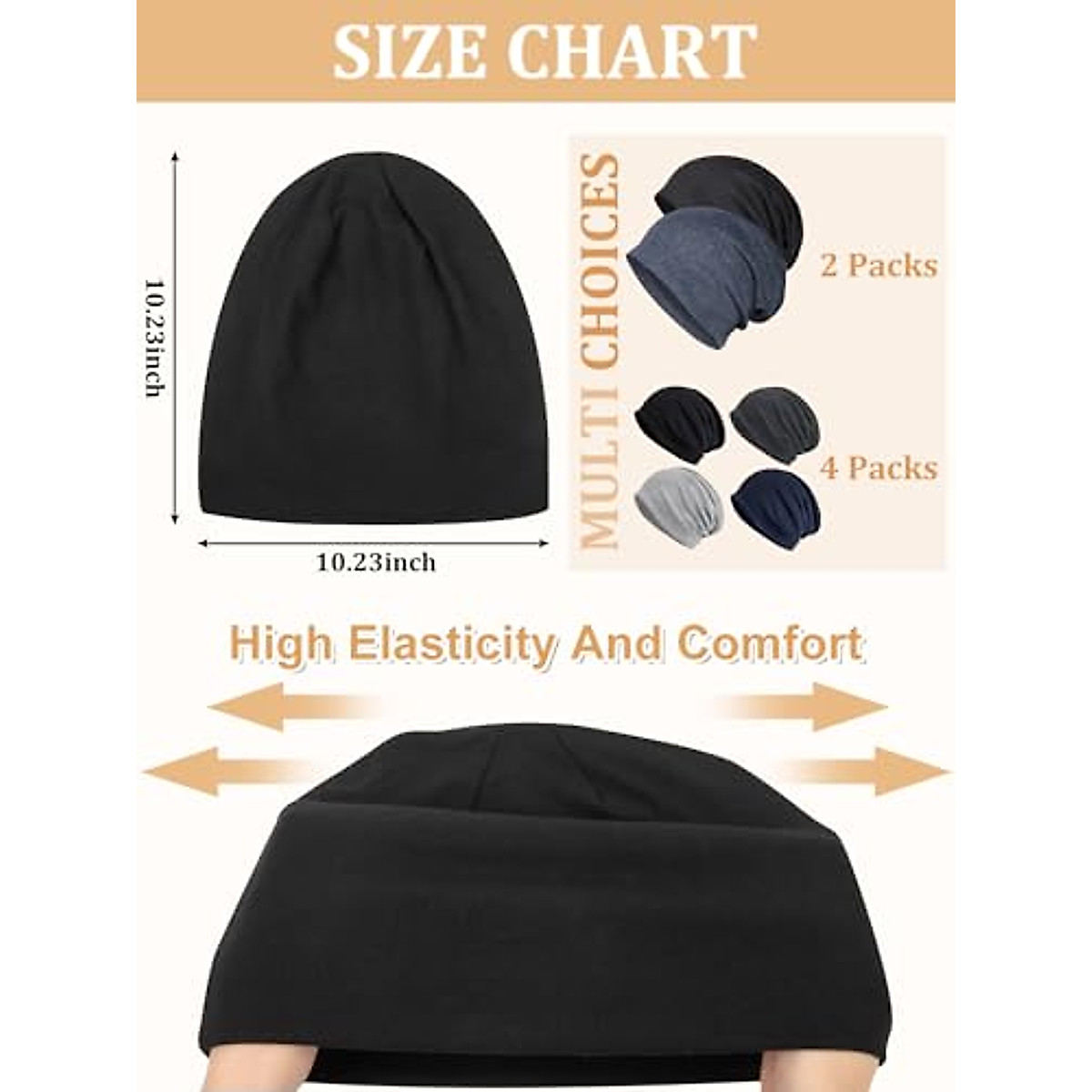 Senker Fashion Cotton Slouchy Beanie Hats, Chemo Headwear for Women Men Soft Lightweight Chemo Skull Cap Elastic Sleeping Cap Black Grey