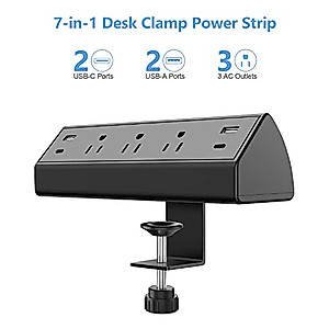Desk Clamp Power Strip USB C,Desktop Mount Surge Protector,40W Fast Charging Station,2 PD 20W USB C Ports,3 Outlets,6FT Flat Plug,Desk Edge Power Strip for Home,Office,Fit 1.6" Tabletop Edge