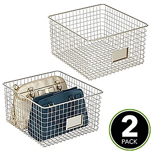 mDesign Wide Metal Farmhouse Storage Organizer Bin Baskets with Label Slot for Closet, Cabinet, Cupboard - Wire Organizing Basket Holds Clothing, Linens, Shoes, Omaha Collection, 2 Pack, Satin