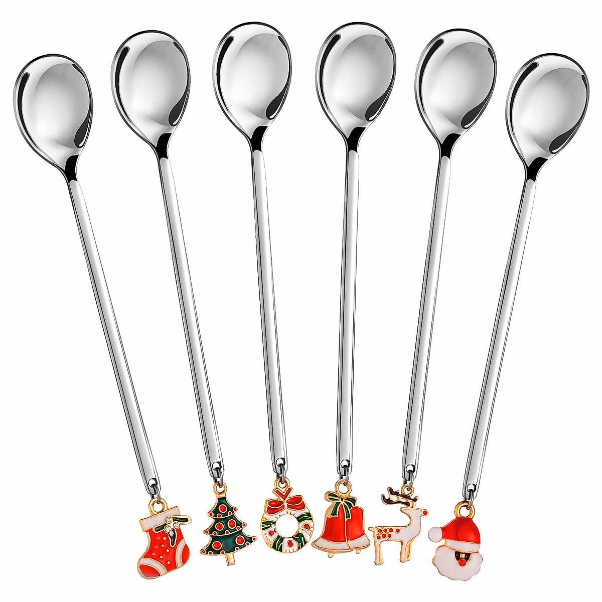 Whaline Christmas Spoon Stainless Steel Stirring Spoon with Pedant Coffee Spoon Tea Spoon Dessert Spoon Mixing Spoon Soup Spoon Xmas Spoon Package for Party Table Decorations (6 Pack)