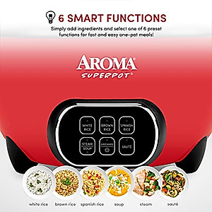 AROMA® 20-Cup (Cooked) Super Pot® Rice & Grain Cooker, Food Steamer & Multicooker with Sauté, Soup, and Spanish Rice Functions, Automatic Keep Warm Mode, Steam Rack Included, Red (ARC-1021DR)