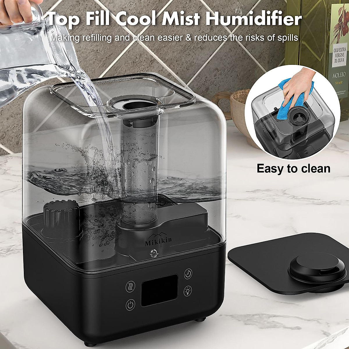 Humidifiers for Bedroom, Cool Mist Humidifiers for Large Room Home Baby, 5L Top Fill Ultrasonic Air Humidifier Quiet for Plants with Remote Control, Essential Oil Diffuser, Rotatable Nozzle - Black