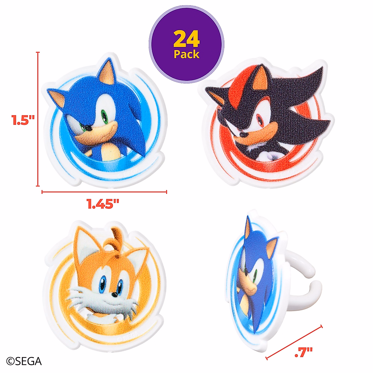 DecoPac Sonic the Hedgehog Rings, Cupcake Decorations Featuring Sonic, Tails, and Shadow - 24 Pack