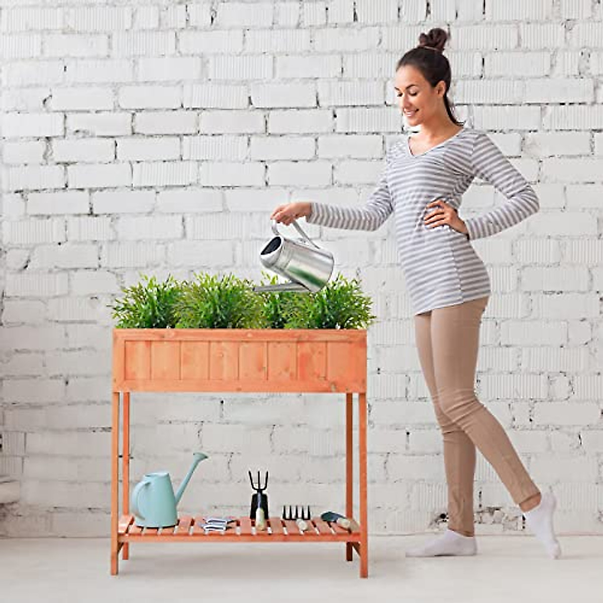 AuAg Wooden Raised Garden Bed with 8 Slot, Elevated Flower Planter Box Stand w/Leg &amp; Storage Shelf, Outdoor Vegetable Growing Bed Kit w/Liner, Herb Standing Gardening Planter for Backyard, Patio, Deck