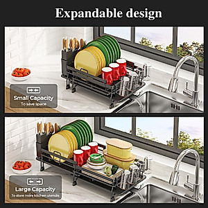 Famhap Large Dish Drying Rack - Extendable (22"-29" L) Dish Rack with Drainboard Set, Multifunctional Dish Rack for Kitchen Counter, Anti-Rust Drying Dish Rack with Cutlery & Cup Holders, Black