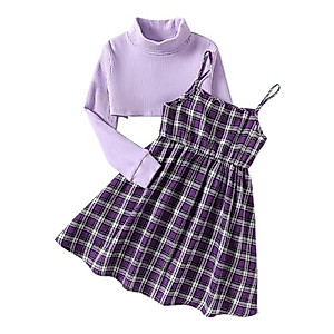 PATPAT Girl's 2 Pieces Plaid Dress Set Outfits Casual High Neck Long Sleeve Crop Top and Preppy Camisole A-Lined Dresses Sets Purple 8-9 Years