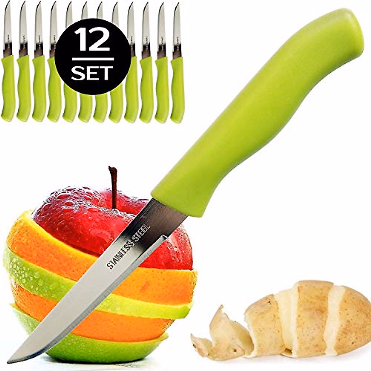 Brenium Paring and Garnishing Knife, 12-Piece Set, Knives with Straight Edge 3 Inch Blade, Stainless Steel, Spear Point, Fruit and Vegetable Cutting and Peeling, Green