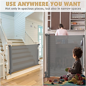 Coolever 118 Inch Retractable Baby Gates Extra Wide, Large Opening Retractable Baby Gates for Doorway Extra Long Dog Gate for The House Outdoor Large Pet Gates for Dog Indoor Mesh Child Gate, Grey